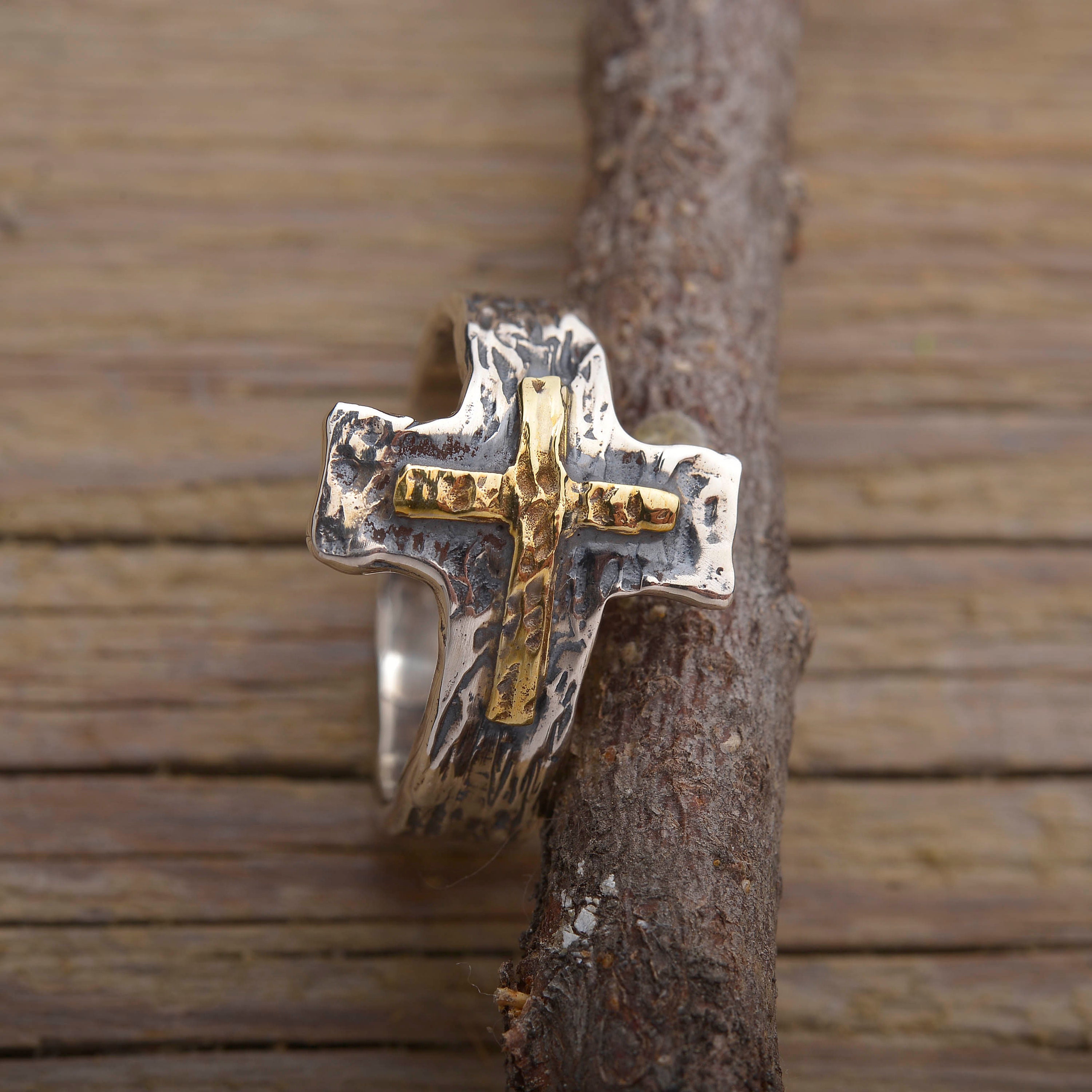 Cross Mens Ring Sterling Silver & 14KT Gold Christian Ring - Etsy UK