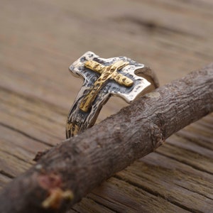 Cross Mens Ring, Sterling Silver & 14KT Gold Christian Ring, Precious ...
