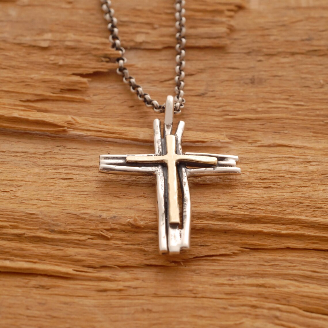 Rustic Gold and Silver Cross Necklace Mens Twig Cross - Etsy