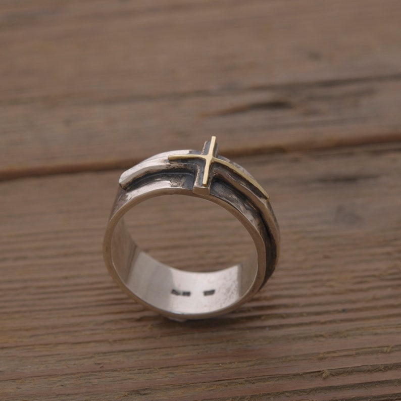 Christian Ring for Men Cross Ring in Sterling Silver and 14KT - Etsy