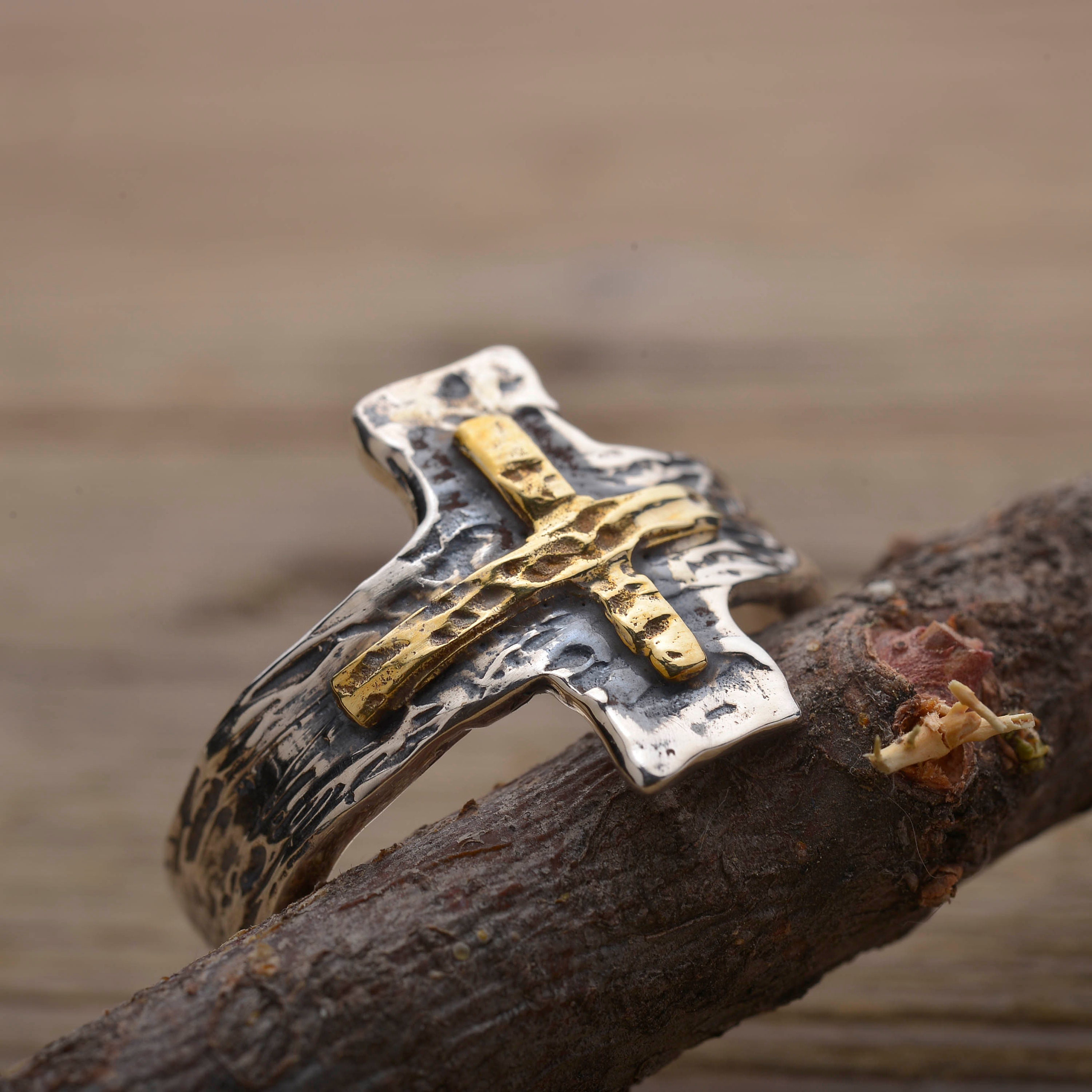 Cross Mens Ring Sterling Silver & 14KT Gold Christian Ring - Etsy UK