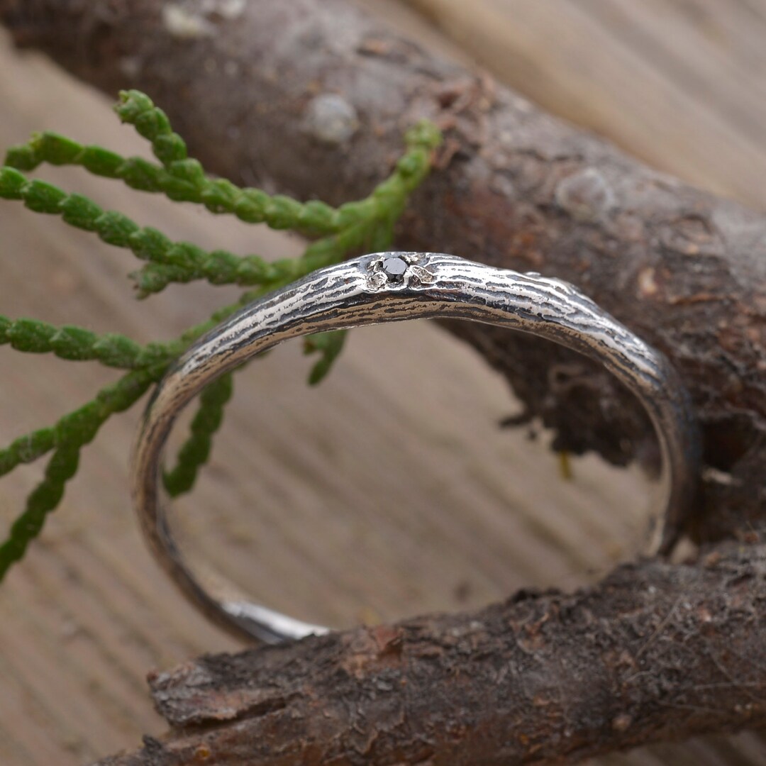 Mens Tree Bark Ring With Black Diamond, Twig Band, DA499 - Etsy