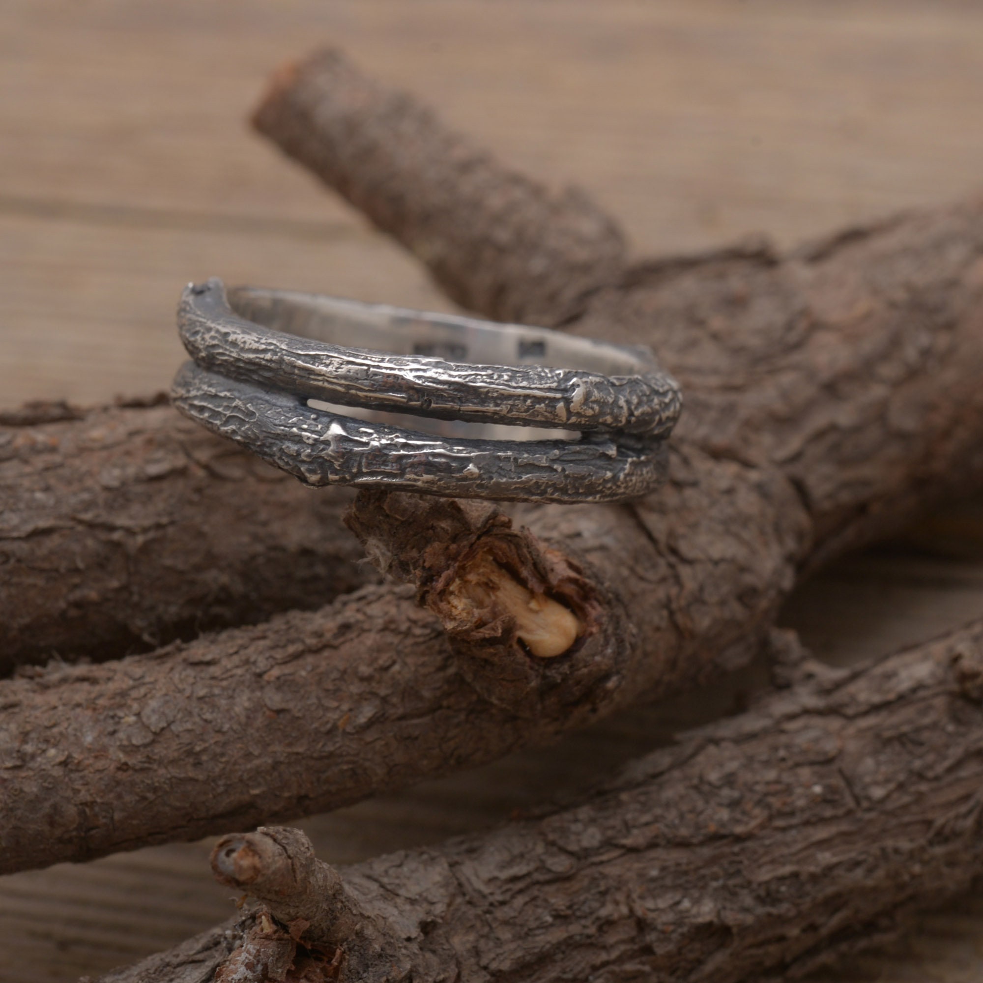Forest Inspired Mens Branch Band, Sterling Silver Promise Ring for ...