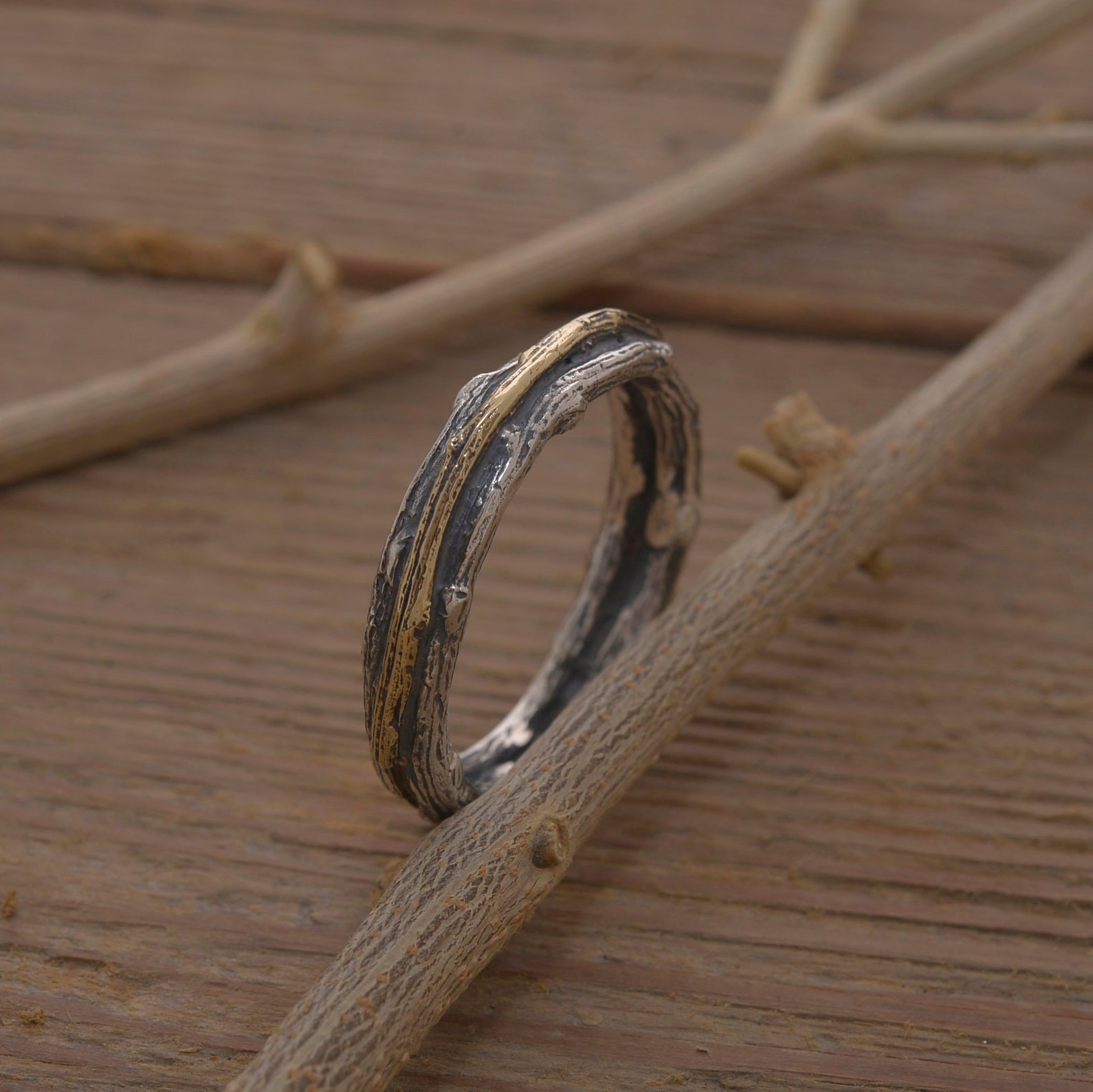 Twig Silver & Gold 14KT Ring, Tree Bark Band, DA366 - Etsy