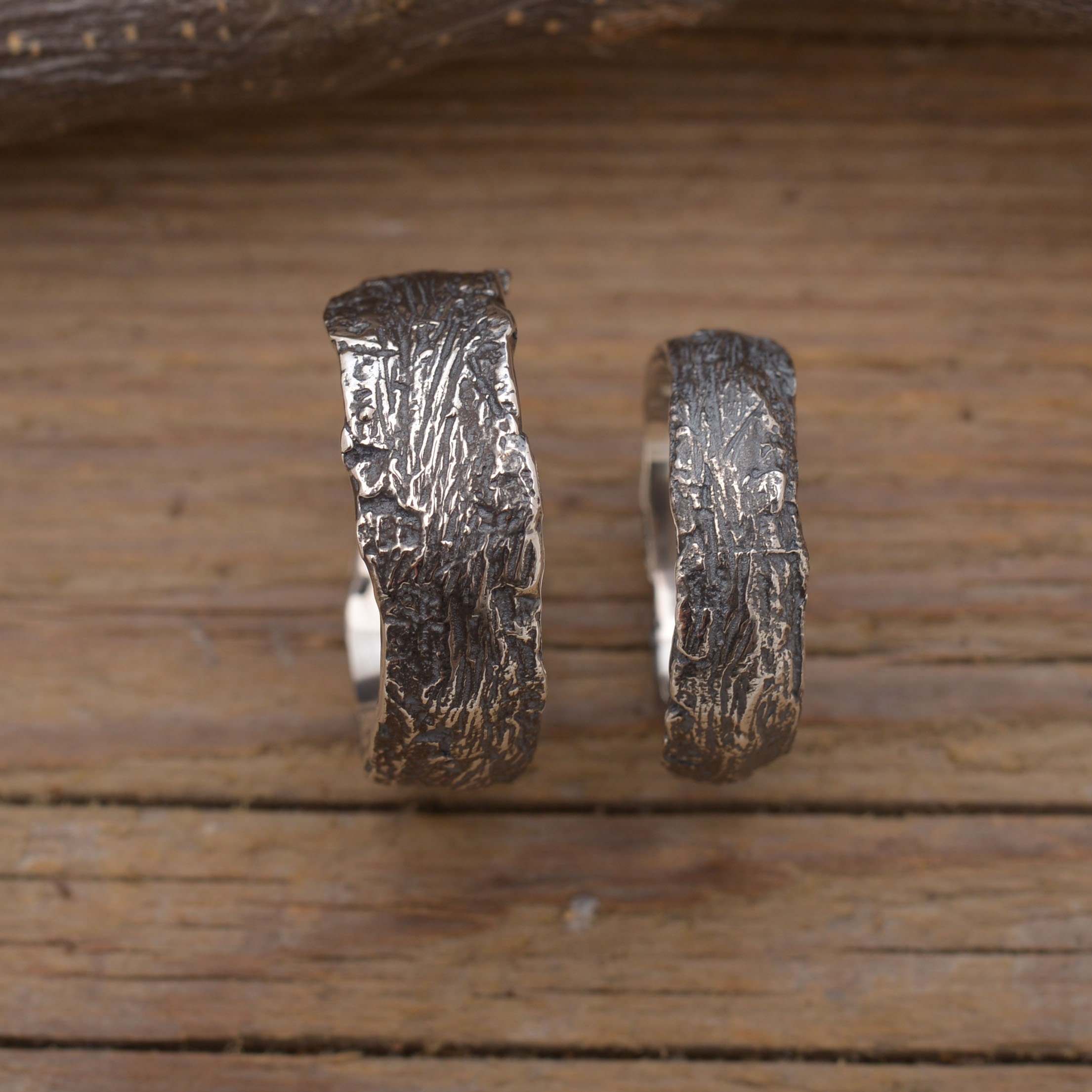 Rustic Branch Bridal Set, Tree Bark Matching Wedding Bands, Sterling ...