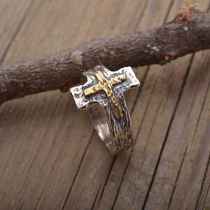 Cross Mens Ring, Sterling Silver & 14KT Gold Christian Ring, Precious ...