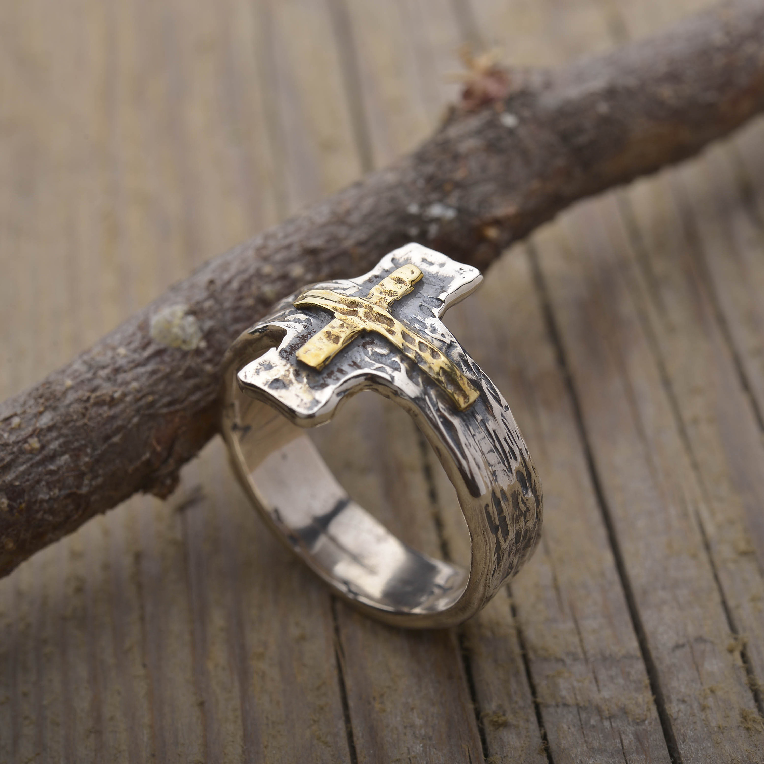 Cross Mens Ring Sterling Silver & 14KT Gold Christian Ring - Etsy UK
