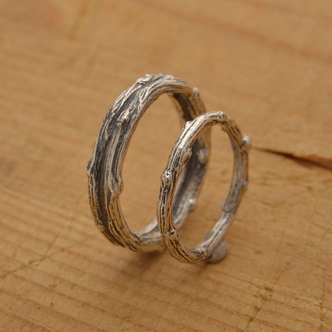 Matching Twig Wedding Bands, Tree Branch Rings, Sterling Silver Promise ...
