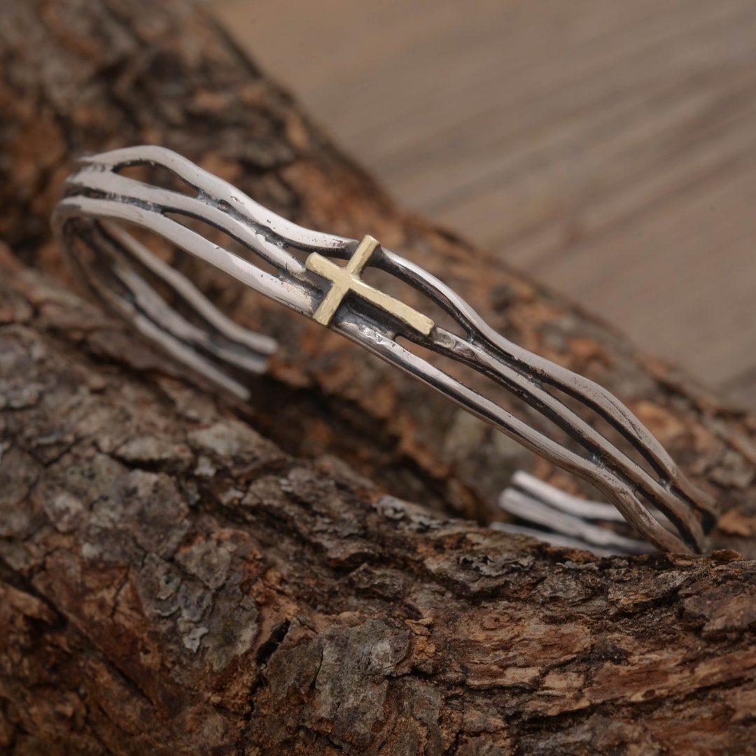 Cross Cuff Bracelet, Sterling Silver Cuff With 14KT Gold Cross on Top ...