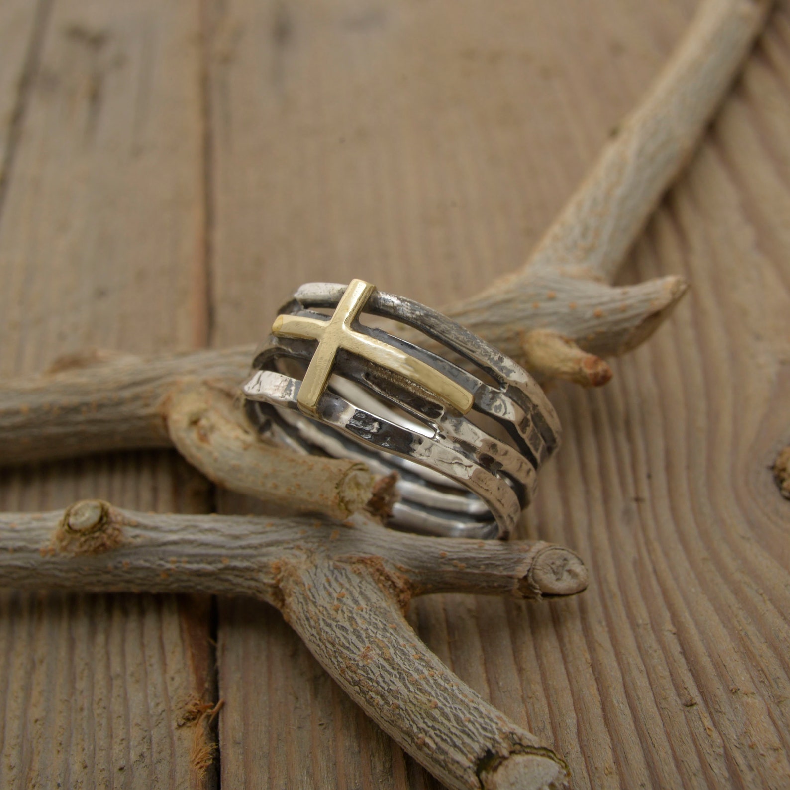 Mens Cross Ring Sterling Silver & 14KT Gold Twig Ring Gift - Etsy