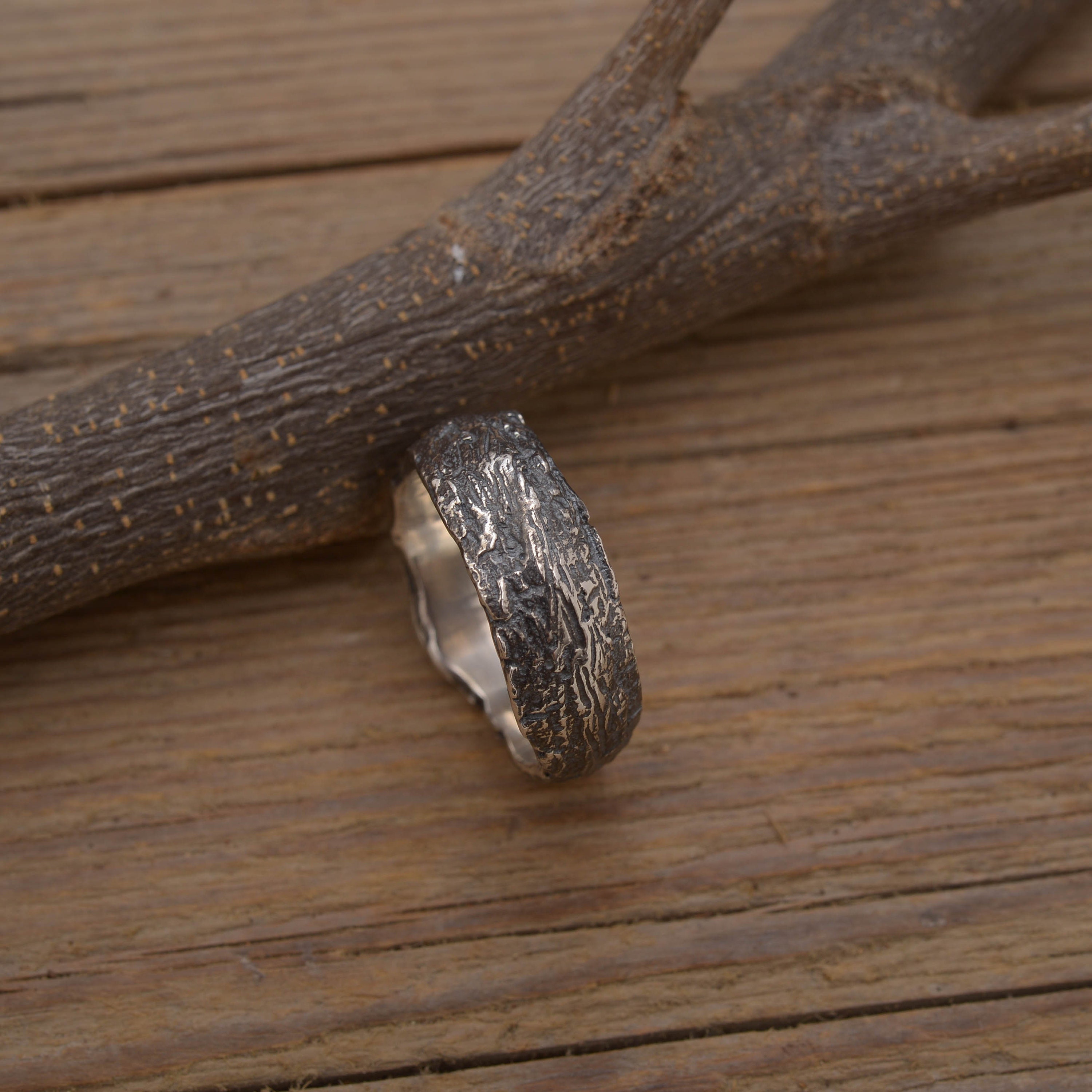 Artistic Tree Bark Ring for Him, Sterling Silver Forest Branch Men's ...
