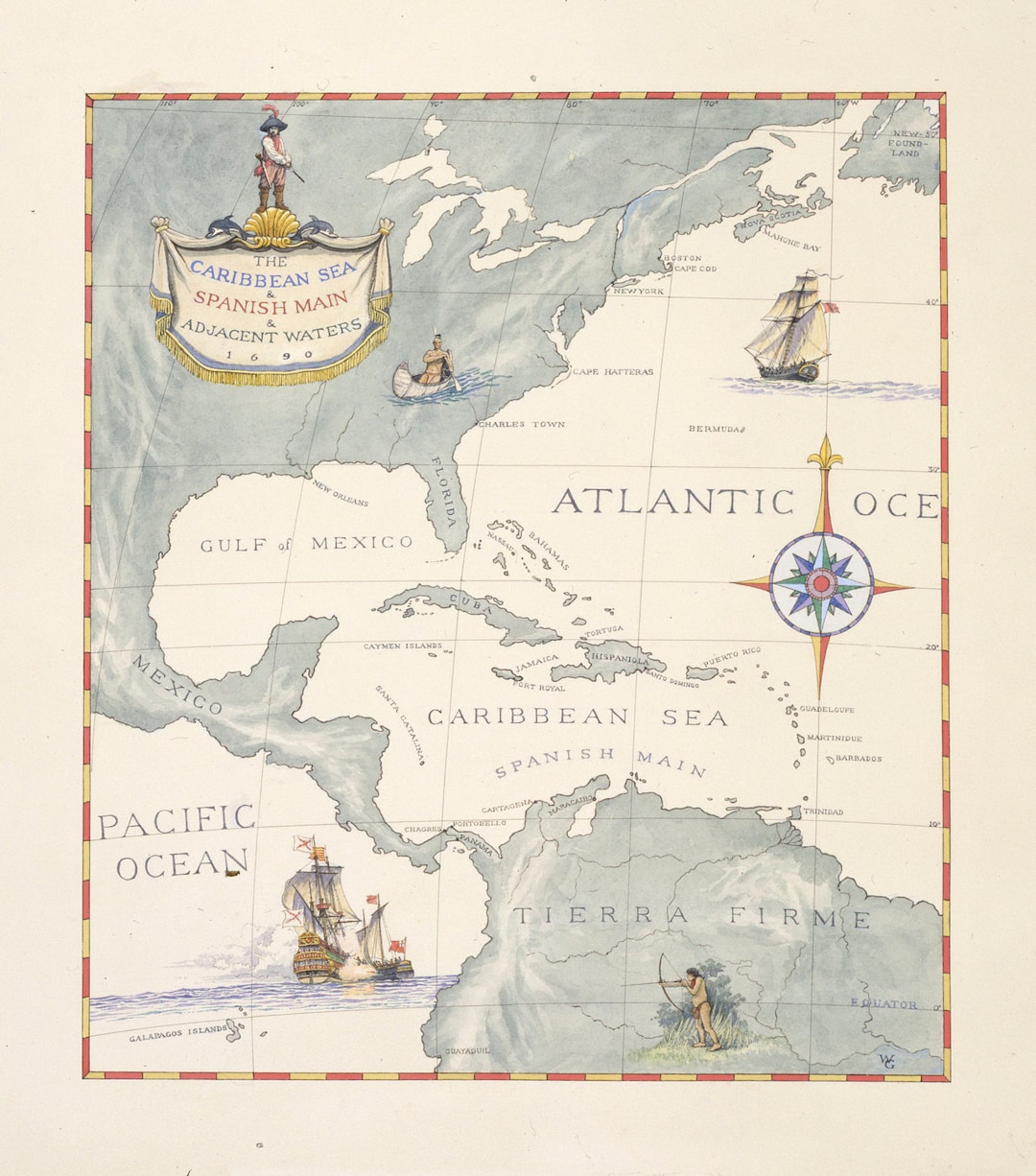 The Caribbean Sea, Spanish Main, Adjacent Waters Chart of 1690. - Etsy
