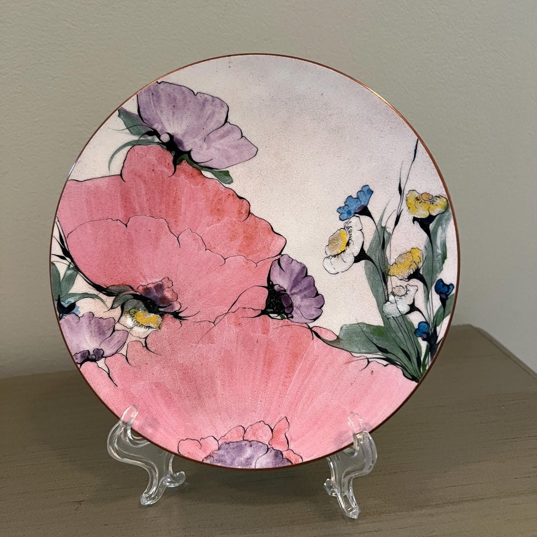 Vintage Enameled Copper Plate, Pink Floral Design, Lilyan Bachrach - Etsy