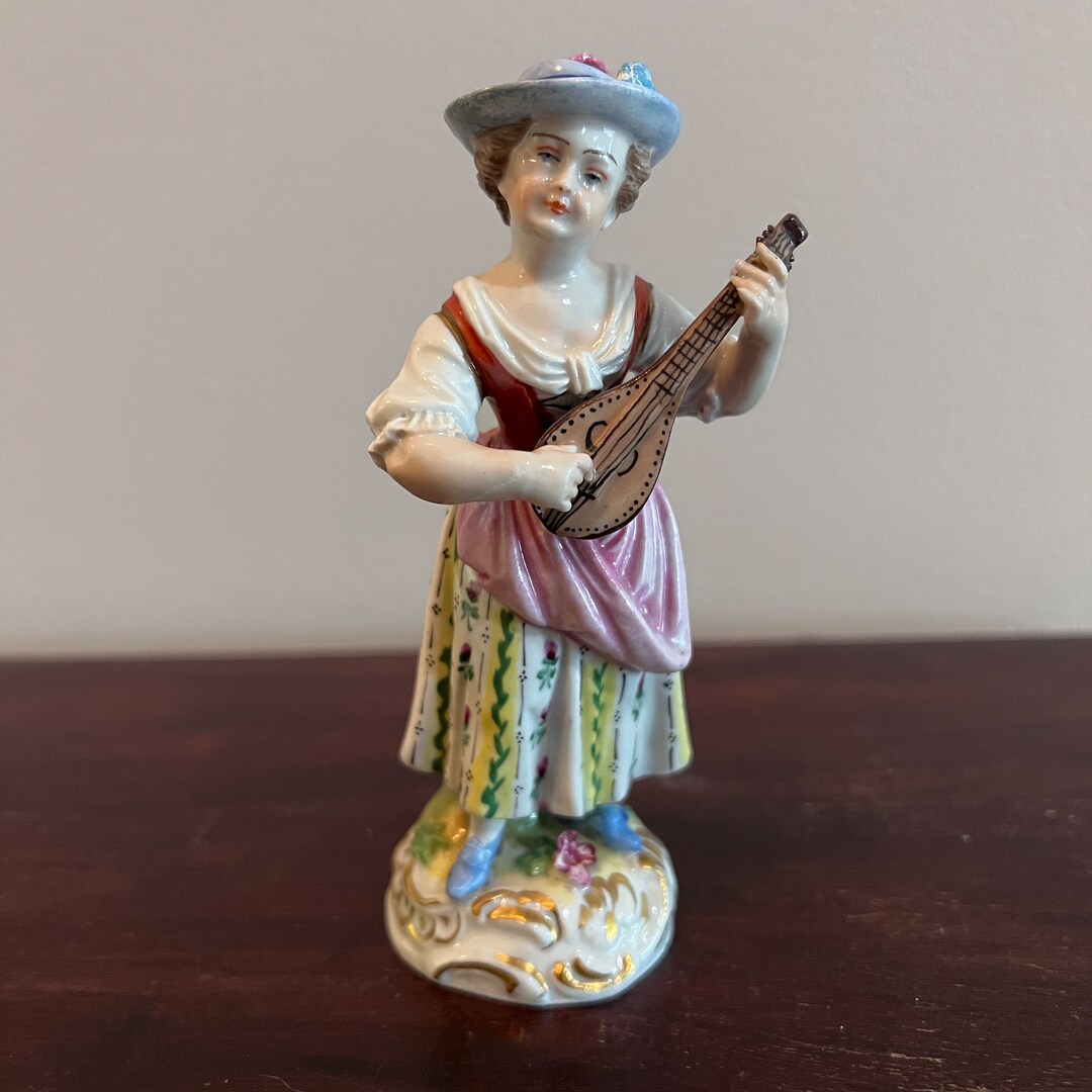 Antique Dresden Figure of Lady Playing Mandolin - Etsy