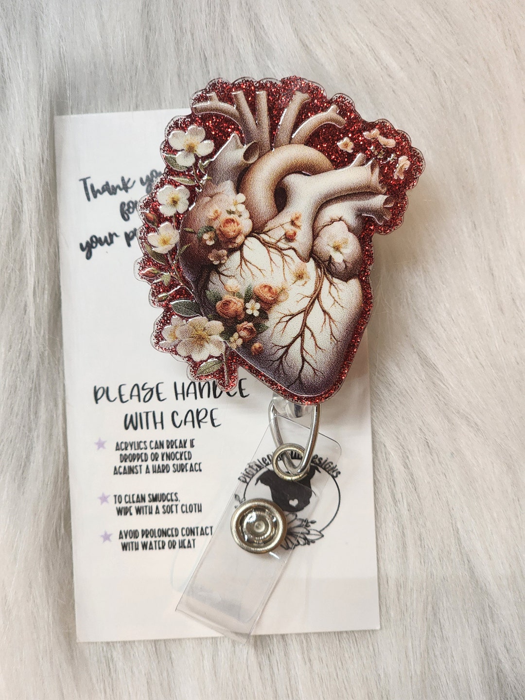 Floral Anatomical Heart Badge Reel Glitter Badge Reel Cute Badge Reel ...