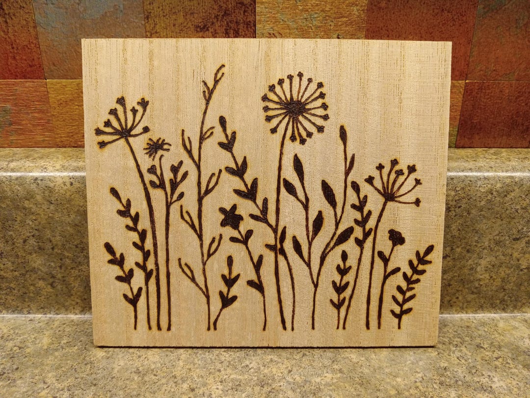 Wildflower Pyrography Art, Wood Burning Flowers, Floral Woodburning ...