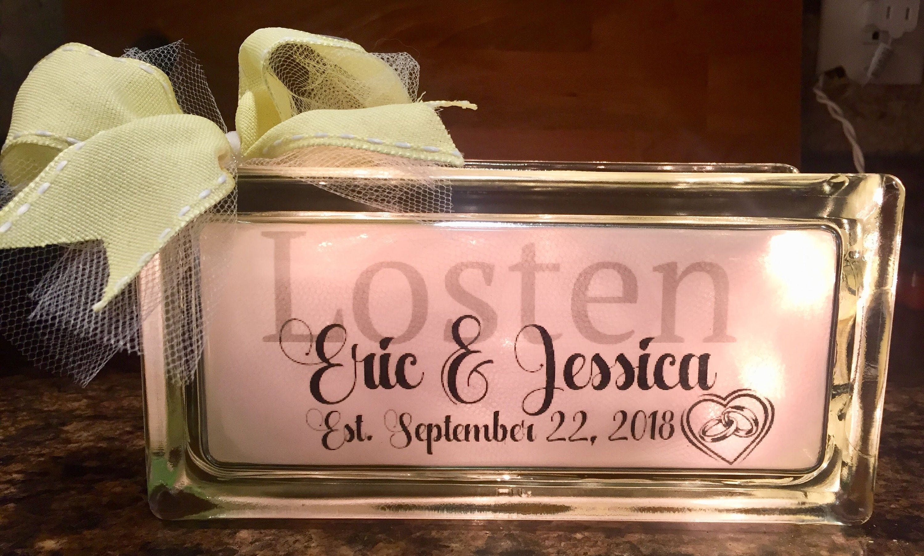 Personalized last name lighted glass block wedding gift | Etsy