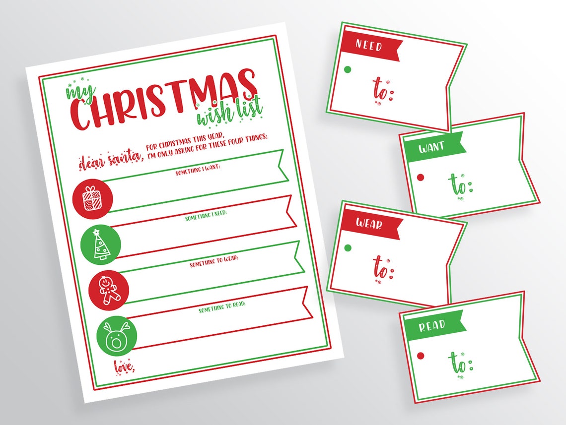 Want. Need. Wear. Read. 4 Gift Christmas Wish List Printable, With Gift ...