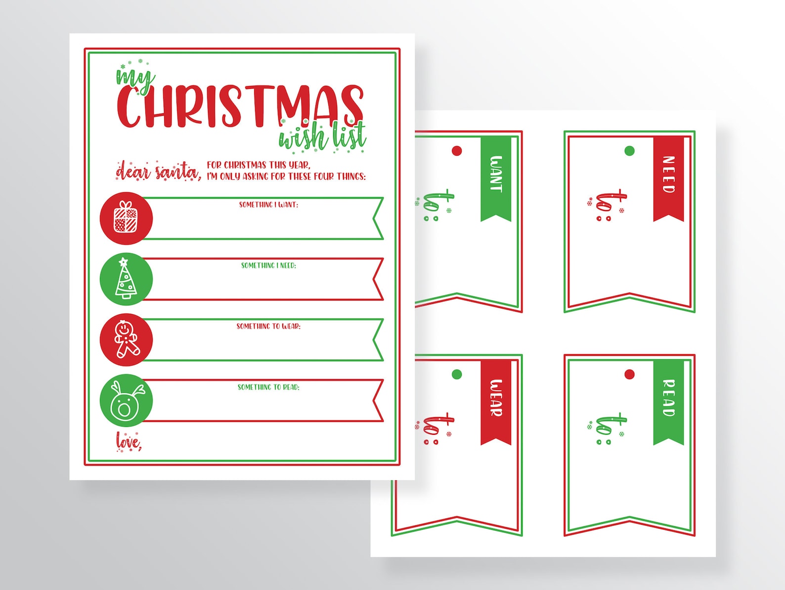 Want. Need. Wear. Read. 4 Gift Christmas Wish List Printable, With Gift ...