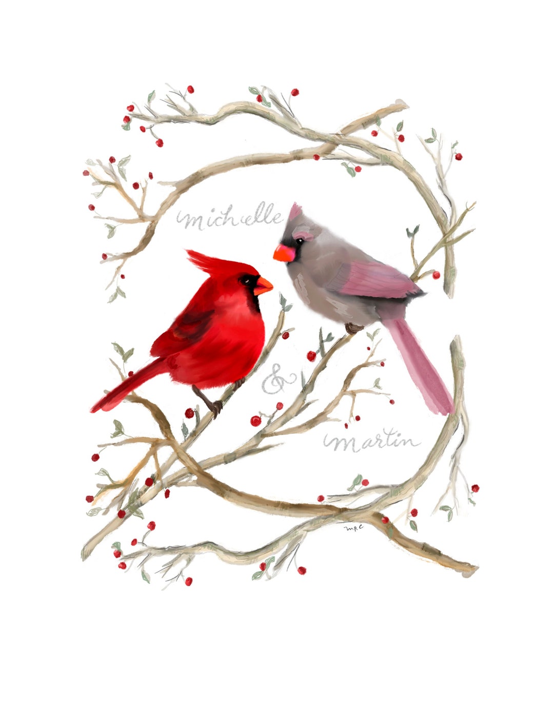 Cardinals in Wreath With Personalization Print by Spaghetti - Etsy
