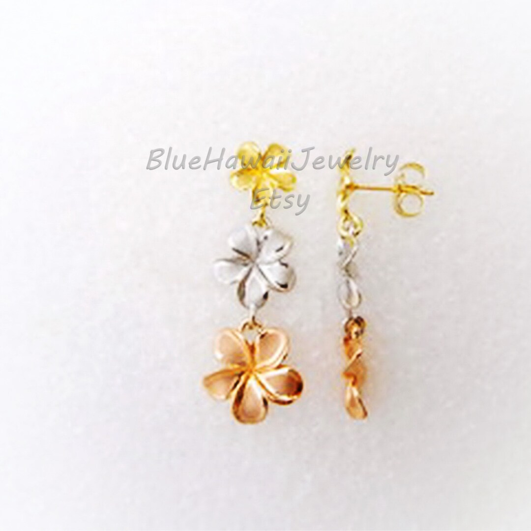 Double or Triple Hawaiian Heirloom Plumeria Flower Dangle Earrings 14ky ...