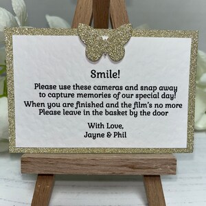 Personalised Wedding Disposable Camera Poem Cards With Gold Butterfly ...