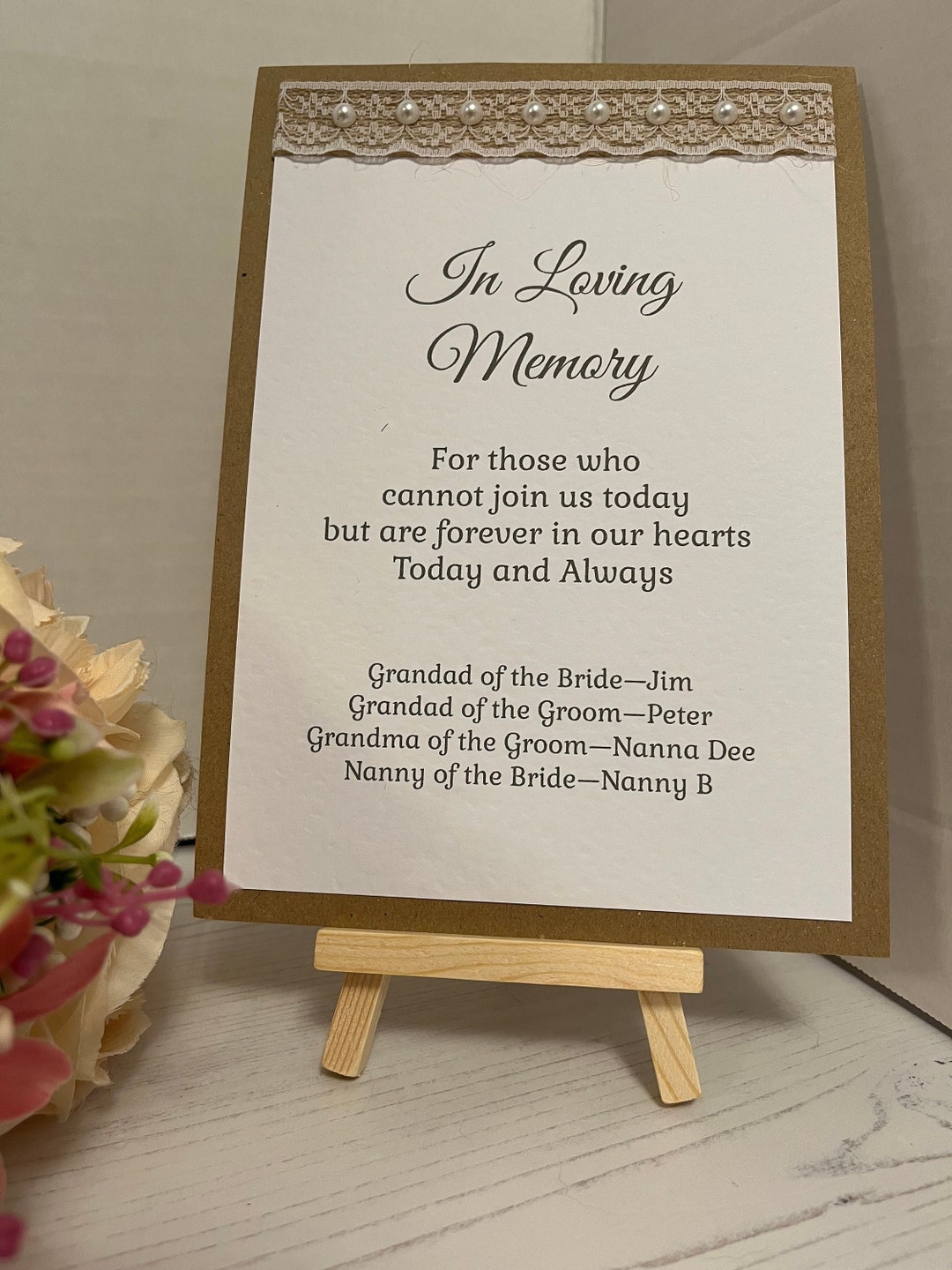 In Loving Memory Wedding Sign - Hessian, Lace & Pearls - With or ...