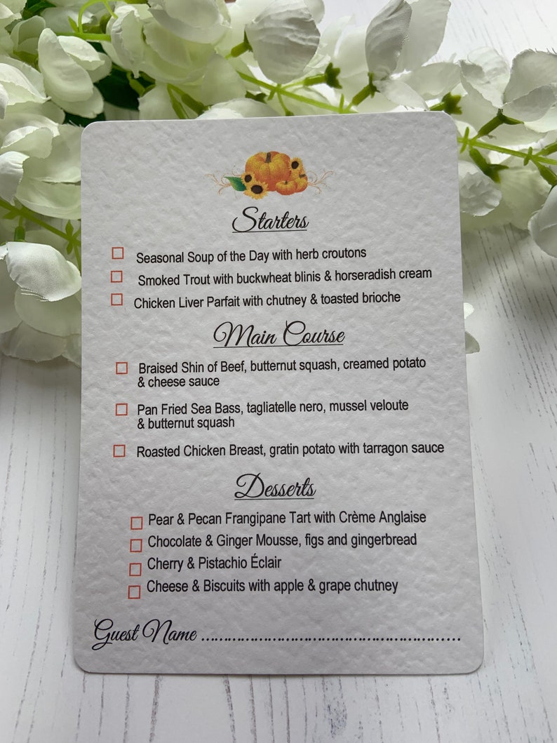Menu Choice Cards Inserts for Wedding Invites Pumpkin & - Etsy