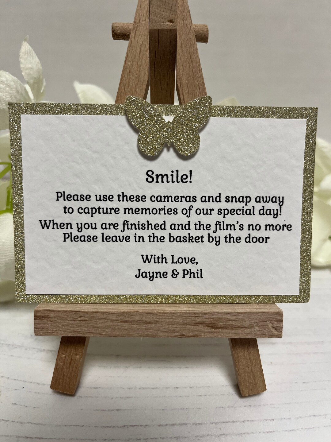 Personalised Wedding Disposable Camera Poem Cards With Gold Butterfly ...