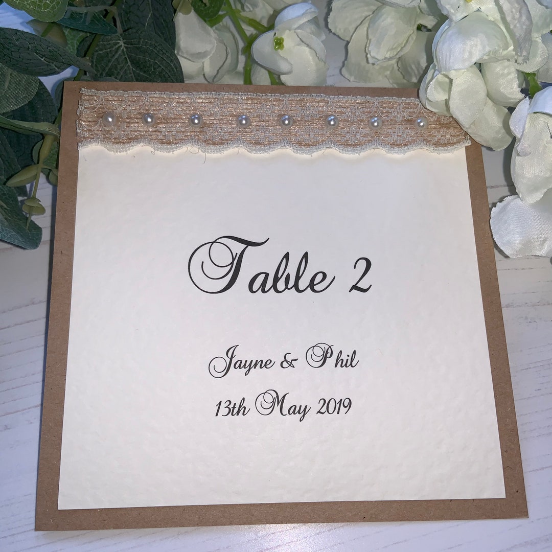 Table Number/name Cards - Rustic Style With Pearls, Lace & Hessian Band ...