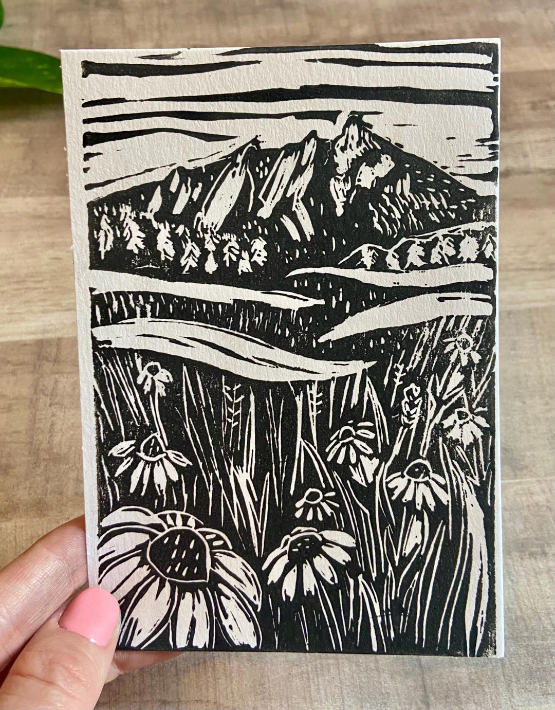 Colorado Linocut Print. Boulder Flatirons With Wildflowers, 5x7 Hand ...