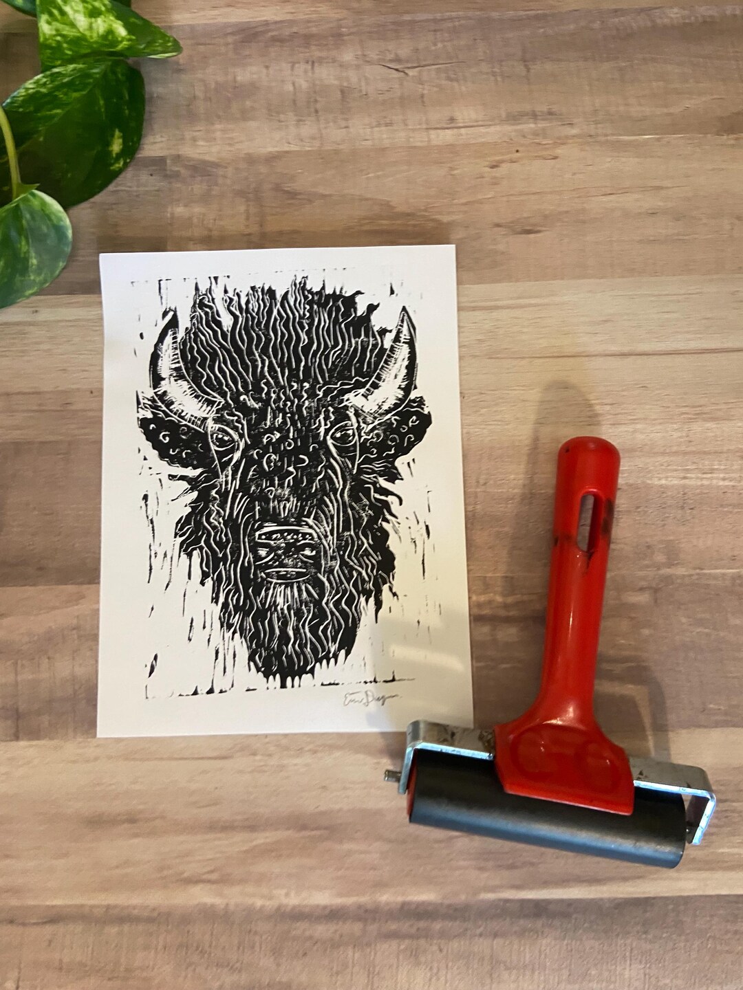 Bison/buffalo Head Linocut Print. Hand Carved Wildlife Art for Rustic ...