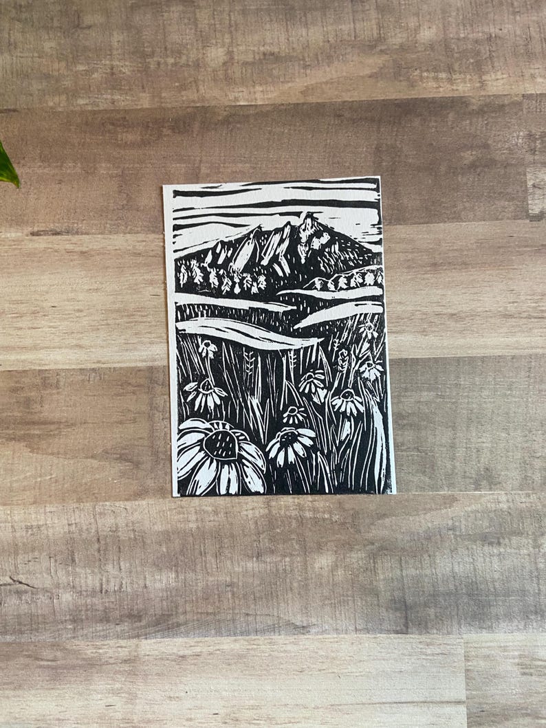 Colorado Linocut Print. Boulder Flatirons With Wildflowers, 5x7 Hand ...