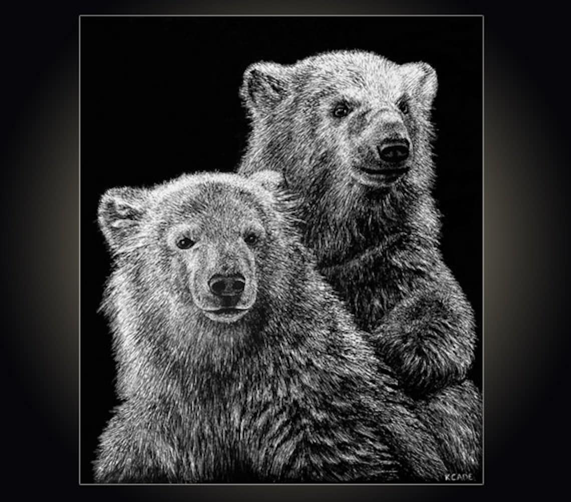 Lithograph Print "baby Bears" A Pen and Ink on Scratchboard Drawing of ...