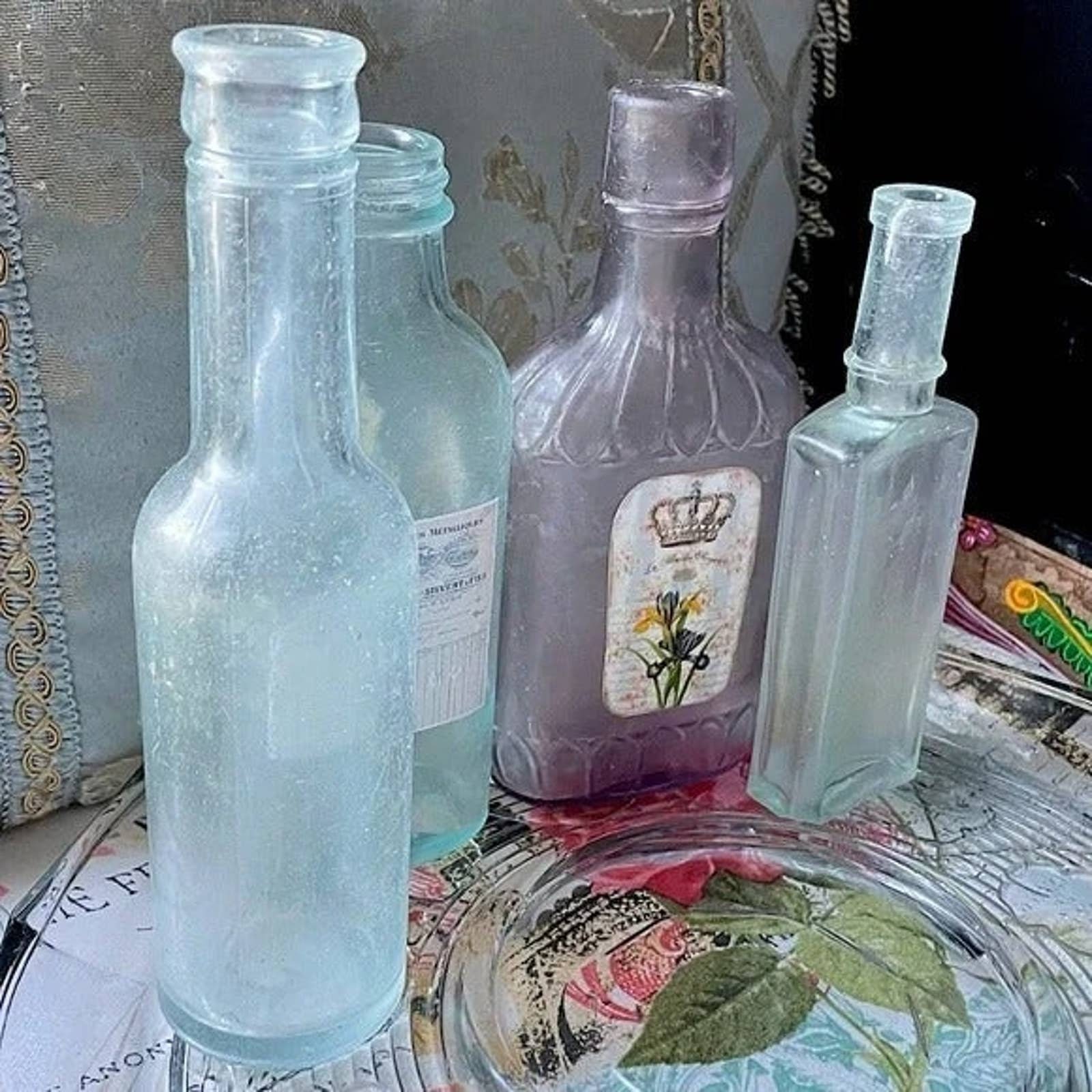 ANTIQUE Vintage Potion Perfume Vanity Bottles Blue Lavender Collectible ...