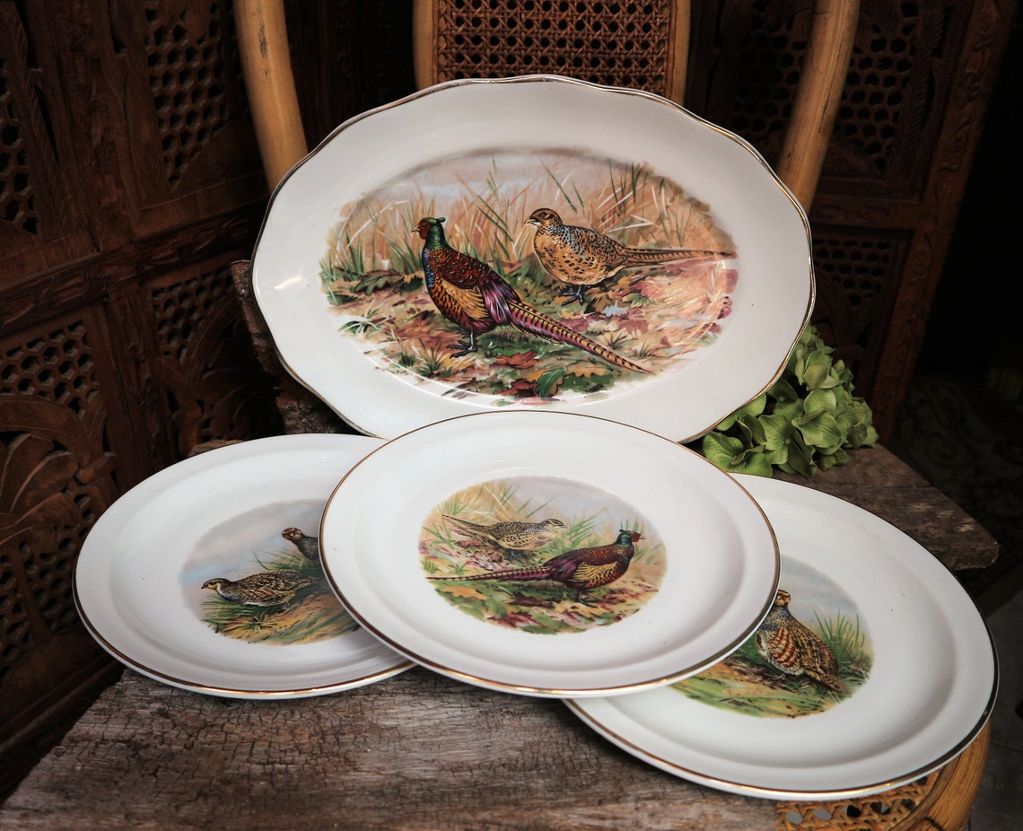 Vintage Set of Porcelain Dishes Birds Scenes // Tablesetting Vintage ...