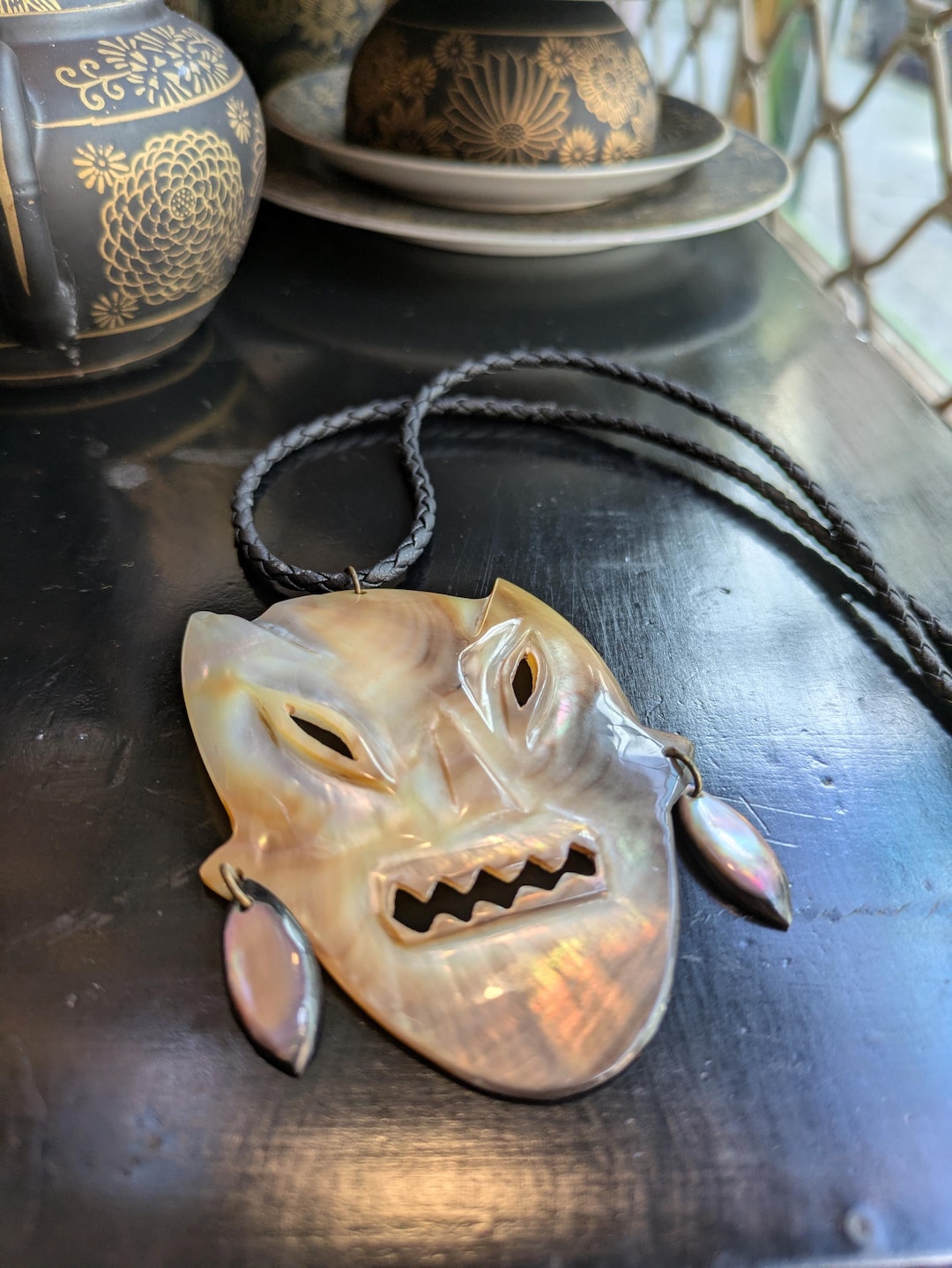 Vintage Face Pendant, Abalone Shell Carved Face Pendant, Face Pendant ...