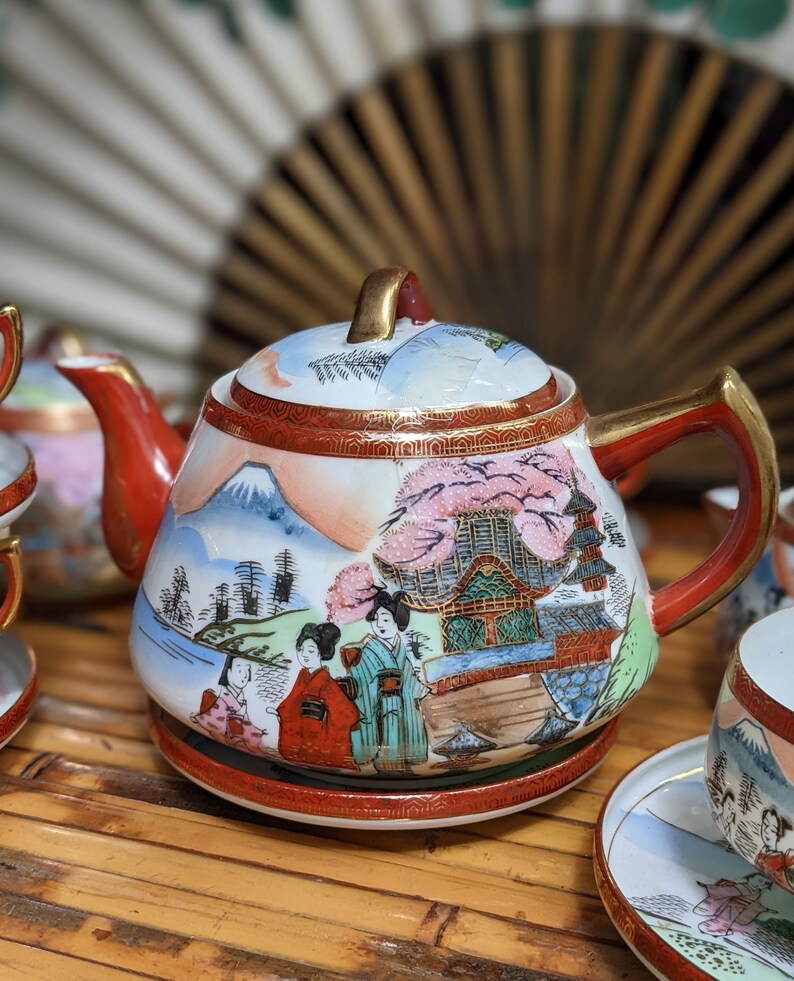 Antique Japanese Eggshell Porcelain kutani Tea Set for 4 // - Etsy