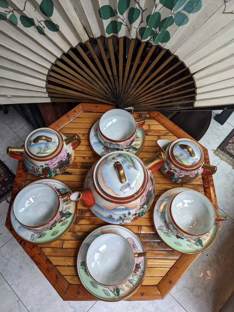 Antique Japanese Eggshell Porcelain kutani Tea Set for 4 // - Etsy