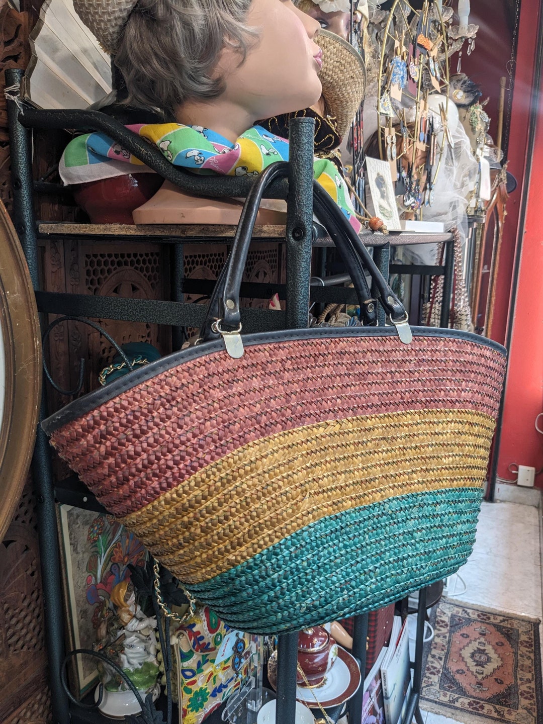 Vintage Straw Nylon Bag Colorful, Beach Bag, Basket, Boho Beach Nylon ...