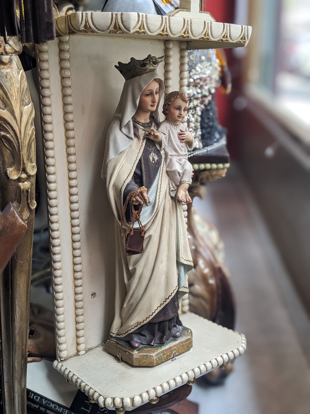 Virgin and Child Statue Olot in Wooden Base // Old Virgin of Carmen ...
