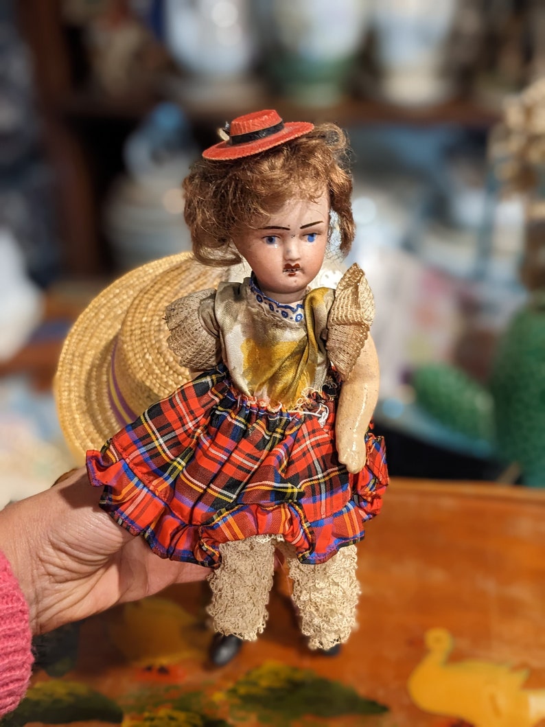Antique Mignonette Doll With Handpainted Trunk and Lot of Antique ...