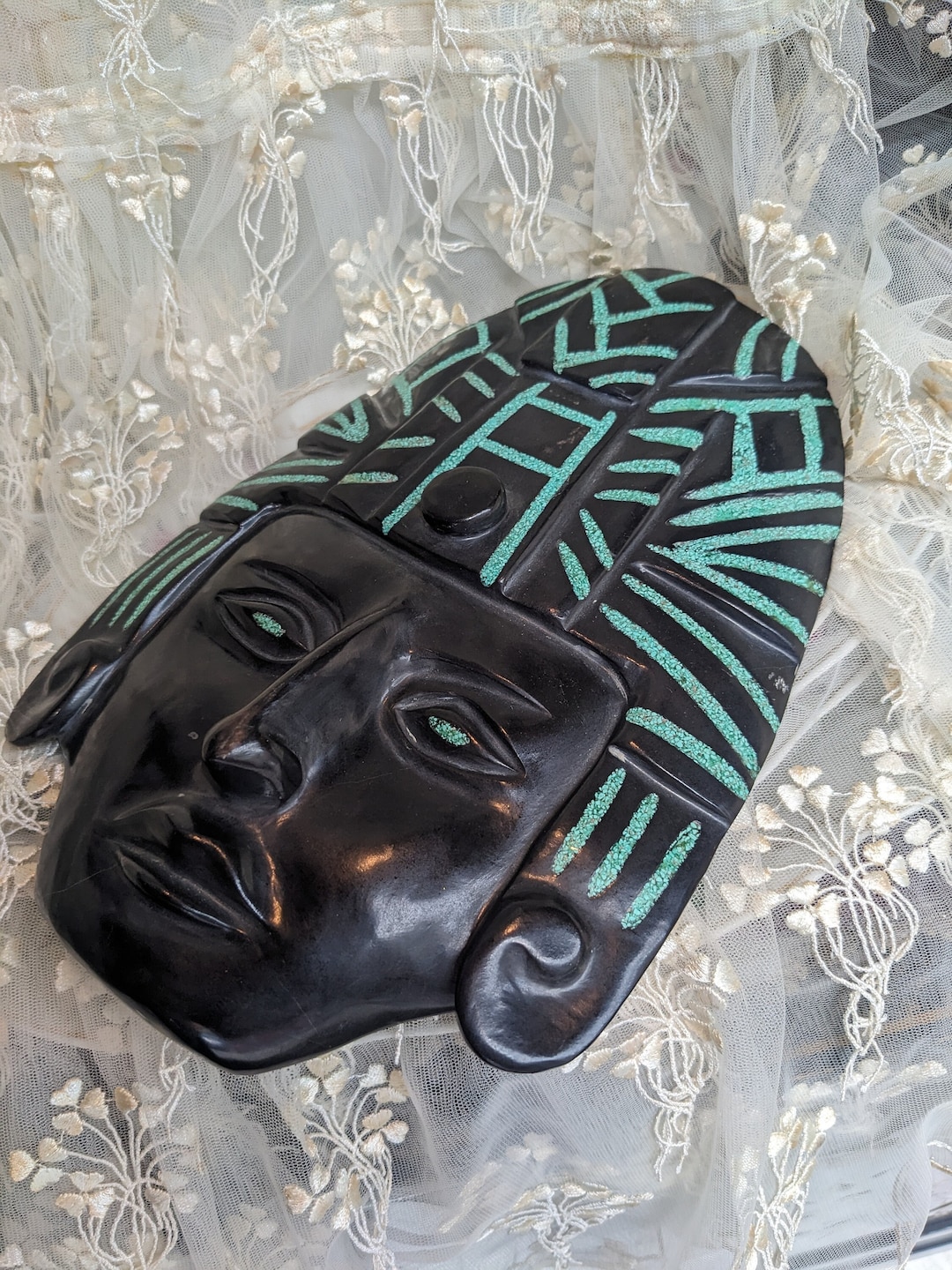 Vintage Onyx Aztec Mask With Turquoise Inlay Mexico - Etsy