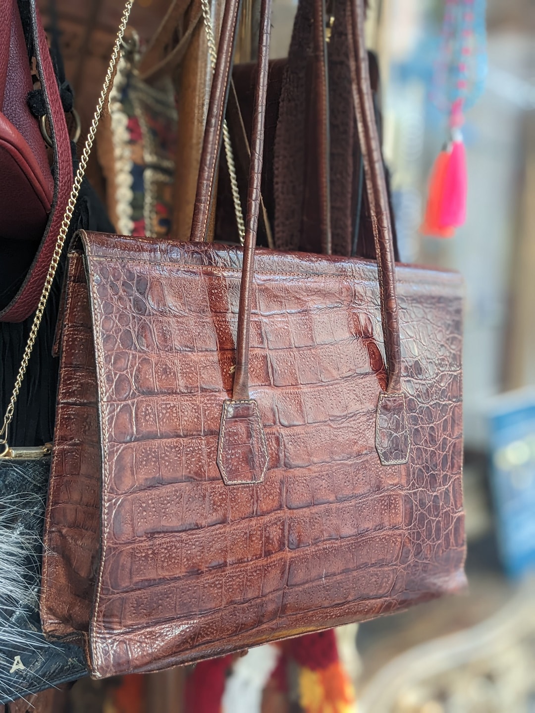 Vintage Leather Bag Brown Moc Croc Tote Shoulder Bag // Bridas Bag - Etsy