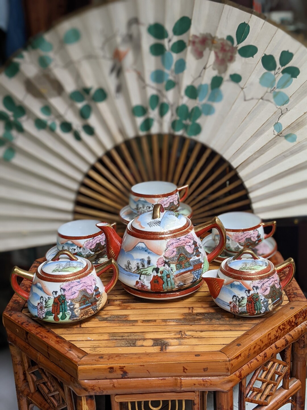 Antique Japanese Eggshell Porcelain kutani Tea Set for 4 // Hand ...