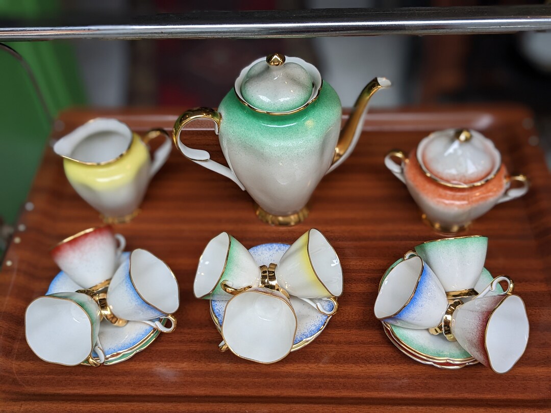 Art Deco Cups Coffee Set Rainbow Vintage // Mid Century Tea Set Green ...