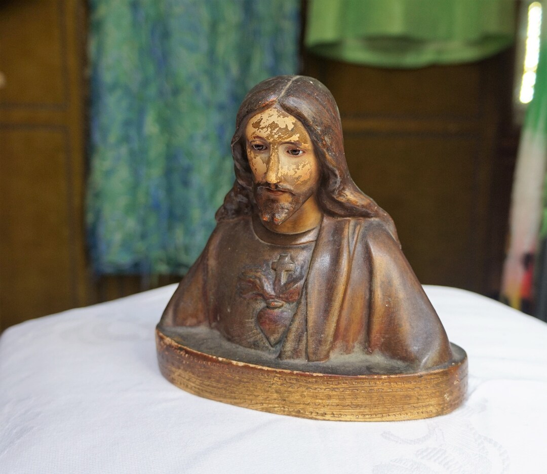Vintage Sacred Heart of Jesus Plaster Statue // Religious Catholic ...