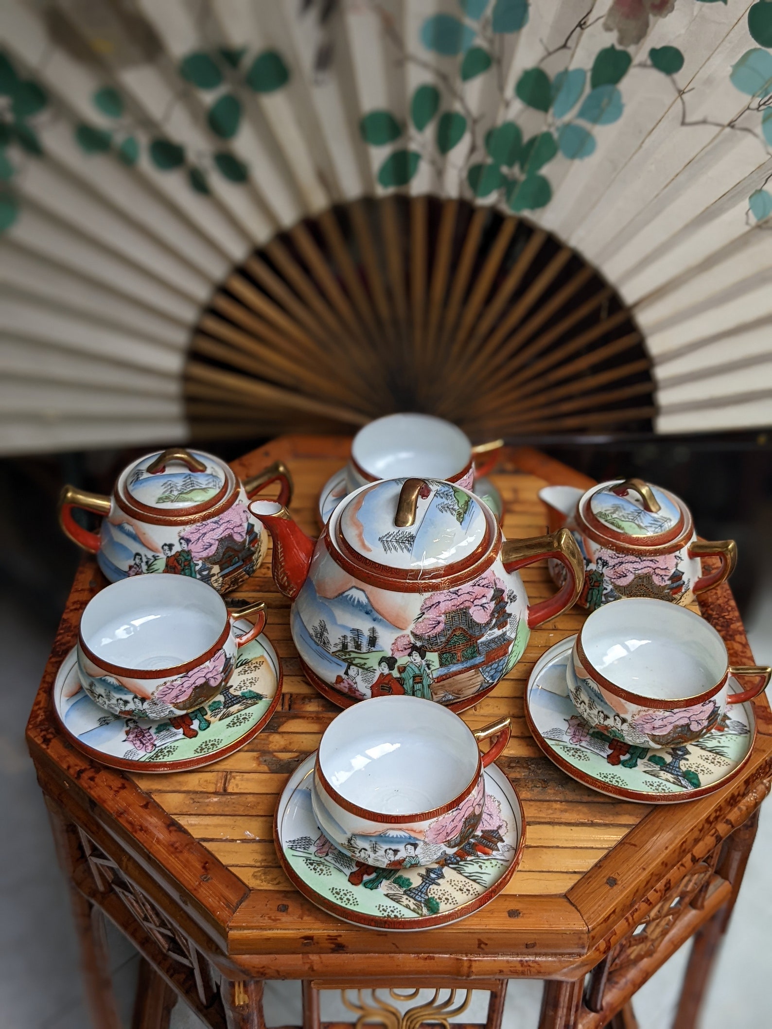 Antique Japanese Eggshell Porcelain kutani Tea Set for 4 // - Etsy