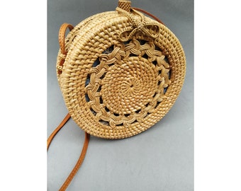 Black Round Rattan Bag With Braid Pattern Bali Bag Straw Bag Handwoven ...