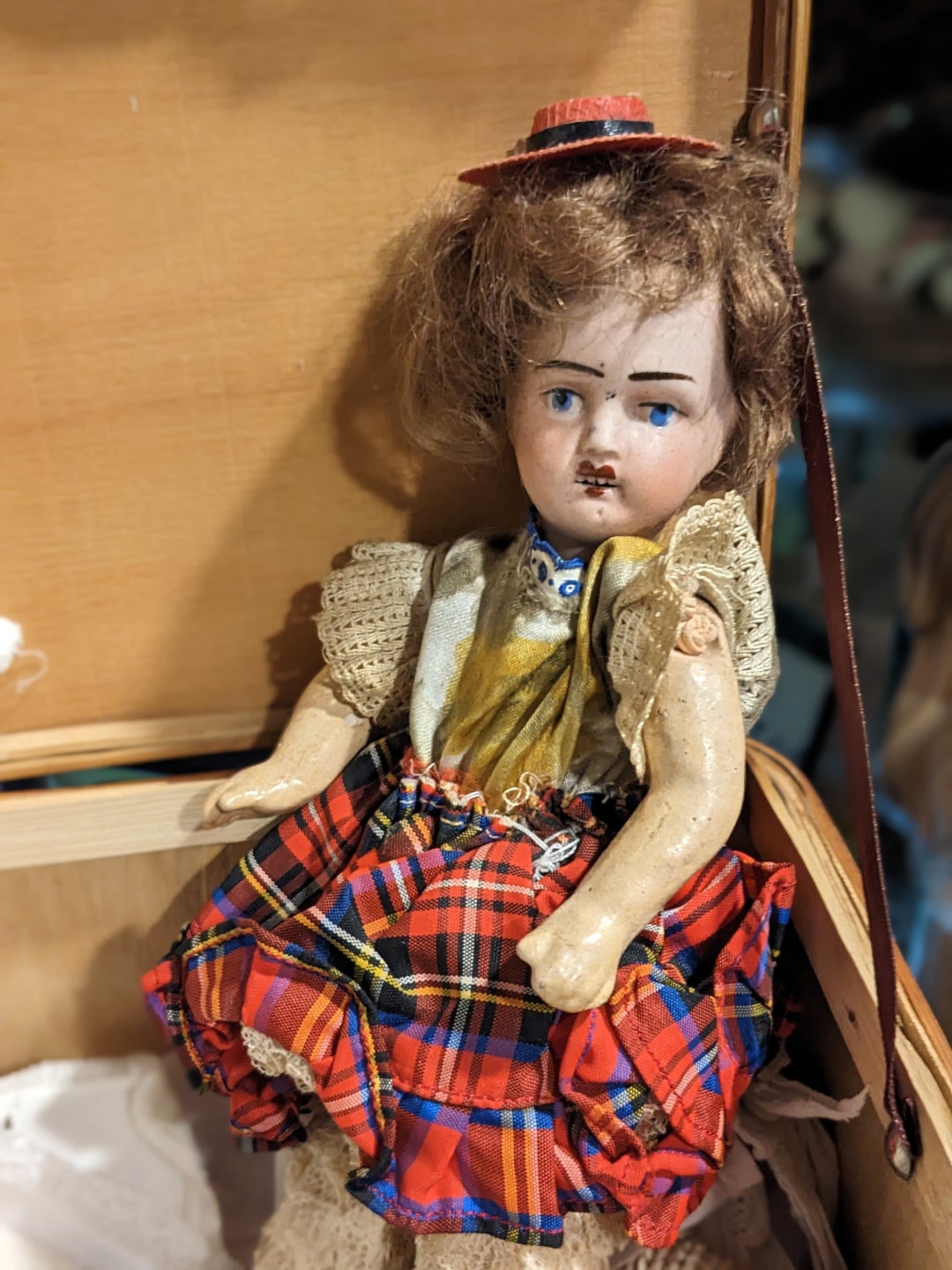 Antique Mignonette Doll With Handpainted Trunk and Lot of Antique ...